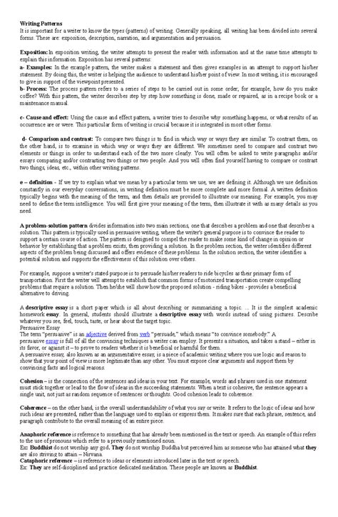 Writing Patterns Lecture Notes 1 Writing Patterns It Is Important For A Writer To Know The