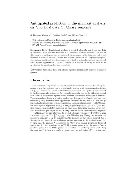 Pdf Anticipated Prediction In Discriminant Analysis On Functional Data For Binary Response