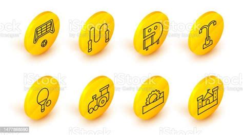 세트 라인 모래 성 관람차 장난감 기차 라켓 공 가로등 어린이 놀이터 슬라이드 파이프 줄넘기 및 아이콘이 있는 축구 목표 벡터 3차원 형태에 대한 스톡 벡터 아트 및 기타