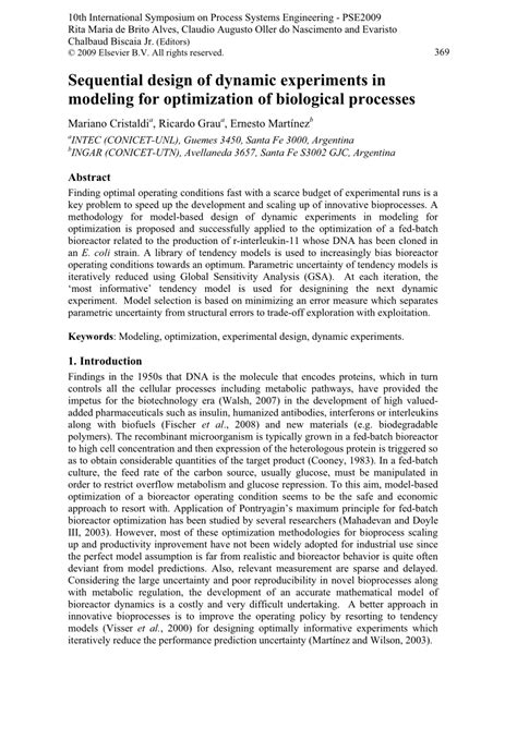 Pdf Sequential Design Of Dynamic Experiments In Modeling For Optimization Of Biological Processes