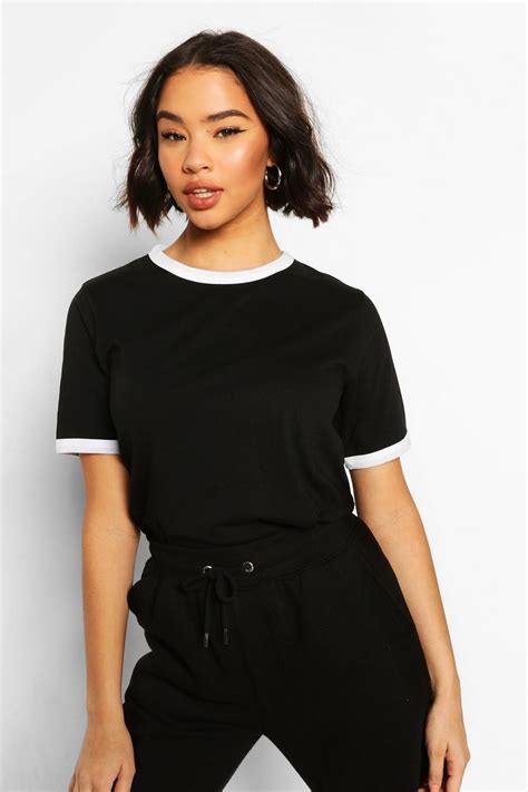 Womens Black Cotton Ringer T Shirt Boohoo Uk