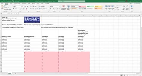Convert Keyword Match Types Downloadable Excel Spreadsheet Beasley Direct And Online