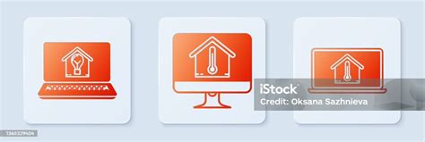 집 온도 스마트 하우스와 전구와 노트북 집 온도와 컴퓨터 모니터를 설정합니다 흰색 정사각형 버튼 벡터 0명에 대한 스톡 벡터 아트 및 기타 이미지 Istock