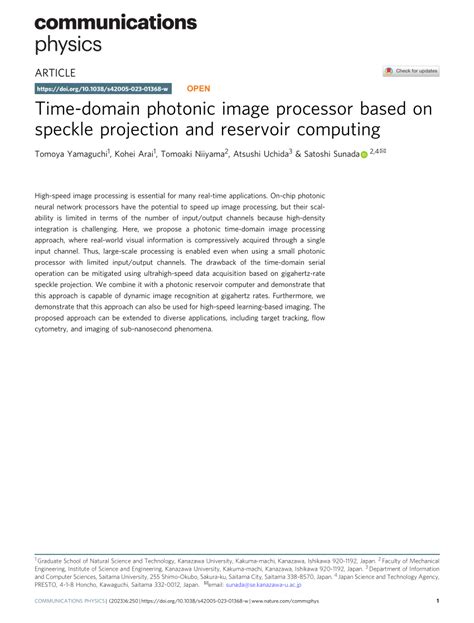 PDF Time Domain Photonic Image Processor Based On Speckle Projection And Reservoir Computing
