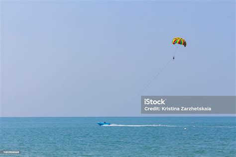 안다만 해의 수평선에 있는 파란색 모터보트는 낙하산 얕은 Dof 복사 공간 아래에서 사람을 굴립니다 낙하산 항공 비행체에 대한 스톡 사진 및 기타 이미지 Istock