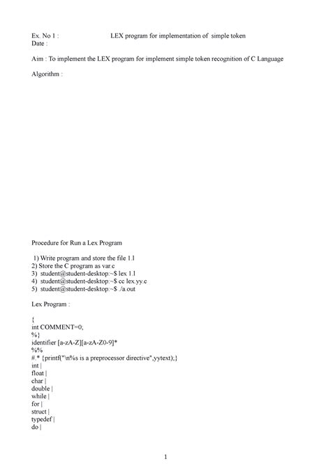 Cd Lab Manual Hereby Attaching The Notes For Python Ex No 1 Lex Program For