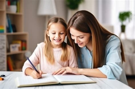 Premium Photo Mom Helps Daughter Do Homework Sitting At Table Writing