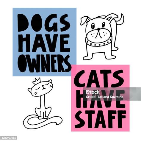 레터링 개는 주인이 고양이는 직원이있다 블루 핑크 배경에 낙서 스타일에 고양이와 개 포스터 스티커 엽서에 대한 고양이 애호가를위한 손 익사 벡터 그림 개에 대한 스톡 벡터