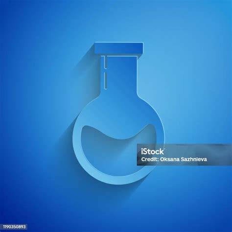 종이 컷 테스트 튜브 및 플라스크 파란색 배경에 고립 된 화학 실험실 테스트 아이콘 실험실 유리 표지판 종이 아트 스타일입니다