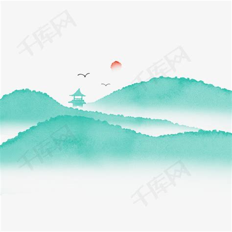 清明清明节水彩噪点亭子的山水风景PNG素材图片免费下载 千库网