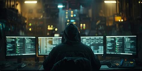 Hacker In Dark Hoodie Monitoring Multiple Computer Screens In A Dimly Lit Room Premium Ai