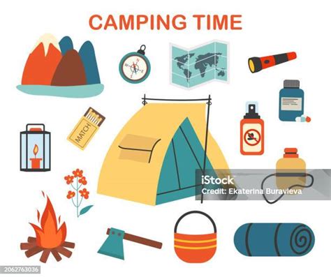 피크닉 캠핑을 위한 요소 세트 산에서 야외 레크리에이션을 위한 아이템 지도 나침반 도끼 성냥 벡터 일러스트 레이 션입니다 개체 그룹에 대한 스톡 벡터 아트 및 기타 이미지