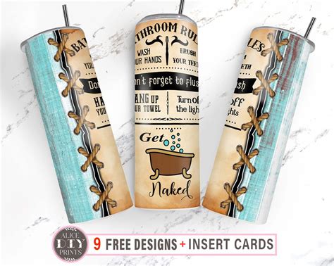 Bathroom Rules Get NAKED Grunge Wood Funny Saying Words Oz Skinny Tumbler Wrap PNG Sublimation