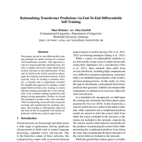 Rationalizing Transformer Predictions Via End To End Differentiable Self Training Acl Anthology