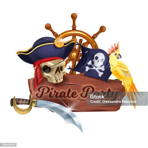 해적 파티 나무 간판 유쾌한 로저 플래그 선박 바퀴 벡터 빈티지 목재 판자 텍스처 배너 해적에 대한 스톡 벡터 아트 및 기타