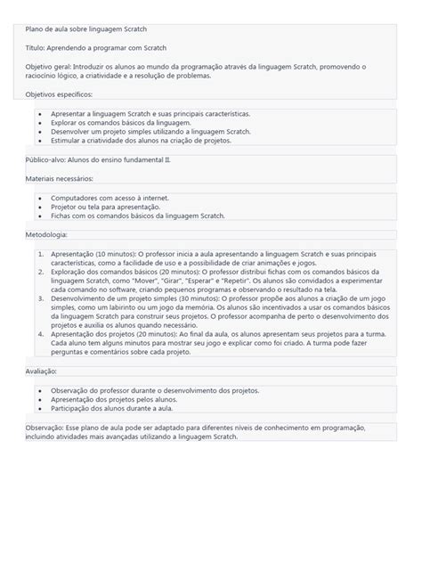 Plano De Aula Sobre Linguagem Scratch Pdf