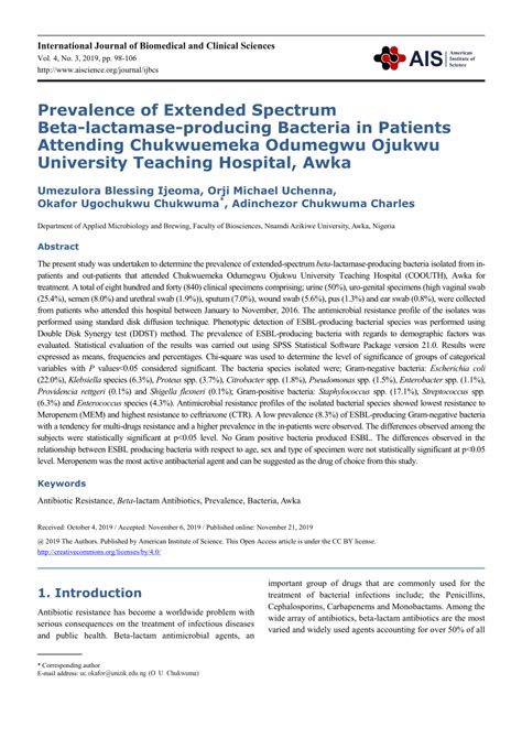 Pdf Prevalence Of Extended Spectrum Beta Lactamase Producing Bacteria In Patients Attending