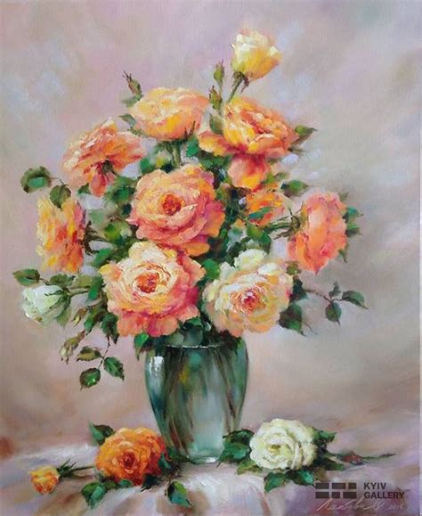 Купити картину «Жовті троянди у вазі з квітами олійними фарбами на полотні в стилі реалізм