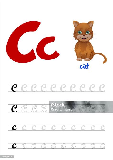 재미있는 만화 고양이 일러스트와 함께 대문자와 소문자 C를 쓰는 것을 가르치는 영어 알파벳의 디자인 페이지 레이아웃 플랫 스타일 벡터 그림입니다 개체 그룹에 대한 스톡 벡터