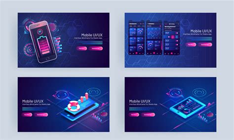 Mobile UI UX Concept Based Landing Page Set With Smartphone And Infographic Elements On Blue