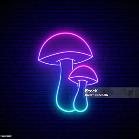 네온 스타일의 판타지 빛나는 버섯 어두운 벽돌 벽 배경에 빛나는 곰팡이 빛나는 파란색과 보라색 색상 그라데이션 동화 버섯 레스토랑에 대한 스톡 벡터 아트 및 기타 이미지