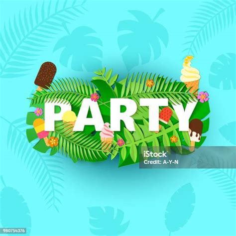 창의적인 녹색 정글 단어 파티 여름 구성 종이 스타일 컷에 파란색 배경에 아이스크림을 떠난다 열 대 잎 편지 디자인 포스터 배너