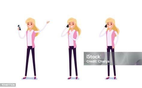 젊은 사업가 캐릭터 디자인 비즈니스 여자 정장 스마트폰을 사용 하 여 전화를 통해 얘기 하 고 다양 한 포즈에 Selfie을 행복 하 게 만드는 행동의 감정 다른 감정을 고