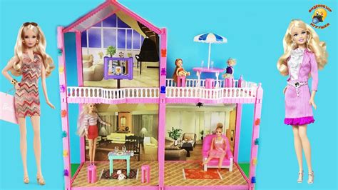 Домик для кукол Барби и других Двухэтажный с мебелью Doll House With Furniture Barbie Youtube