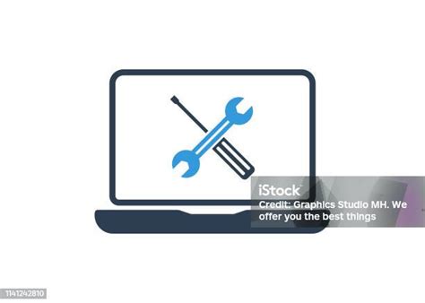 화면에 렌치와 스크루 드라이버가 있는 노트북 컴퓨터 수리 서비스 기술 지원 평면 디자인입니다 벡터 일러스트 노트북에 대한 스톡 벡터 아트 및 기타 이미지 Istock