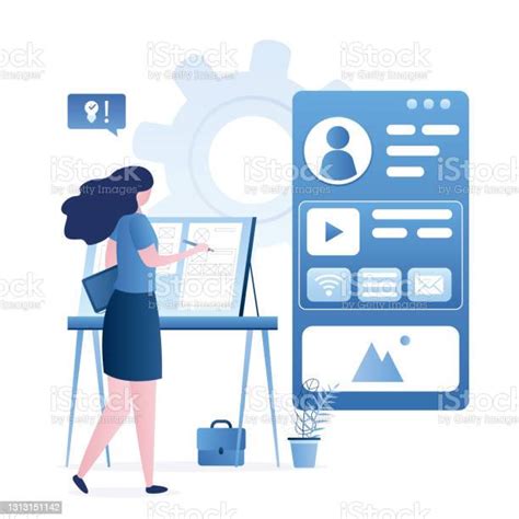 Ui Designer Creates Structure Of Information Blocks Of Mobile Application Woman Programmer Work