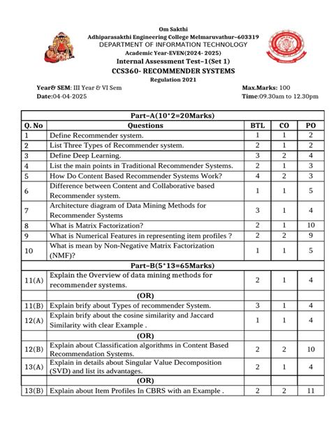 Recommender System Iat 1 Pdf Applied Mathematics Information Science