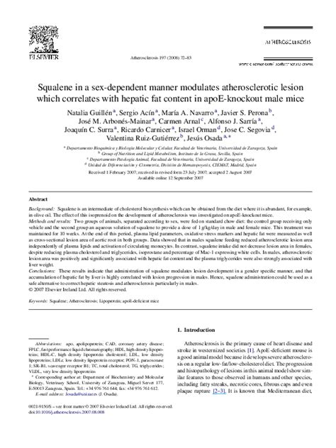 Pdf Squalene In A Sex Dependent Manner Modulates Atherosclerotic