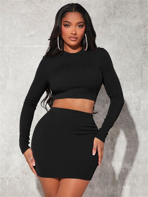 Emily Black Crop Top And Skirt Coord Set La Chic Pick