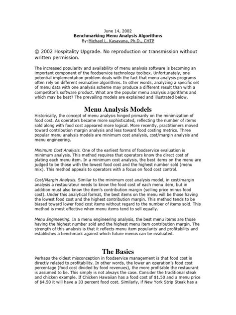 Menu Engineering Kasavana Pdf Menu Analysis