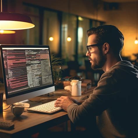 premium photo a man sits at a desk with a laptop and a monitor showing the code code