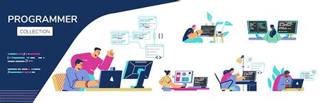 Programmers Men And Women Coding Big Set Flat Vector Illustration