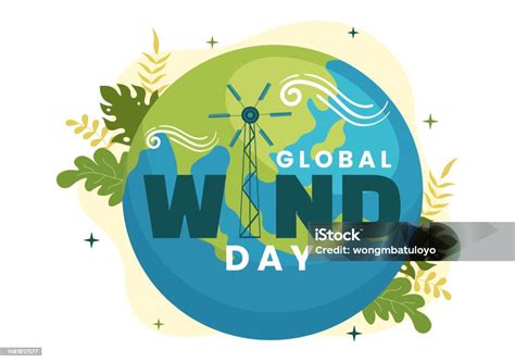 6월 15일 지구 지구와 바람 터빈이 있는 세계 바람의 날 벡터 일러스트레이션은 평평한 만화 손으로 그린 방문 페이지 템플릿에 푸른 하늘에 있습니다 0명에 대한 스톡 벡터