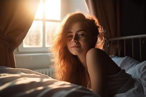 Premium Ai Image Beautiful Woman Is Waking Up In The Morning Lying In Bed
