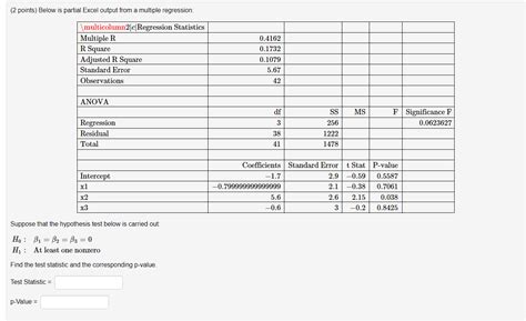 Solved 2 Points Below Is Partial Excel Output From A Chegg