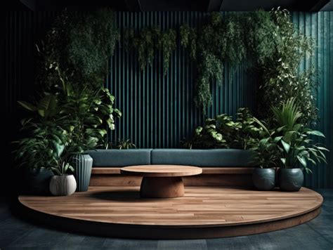 화장품 제품 광고 스탠드 잎과 그림자가 있는 녹색 배경에 있는 나무 연단 제품 포장을 표시하기 위한 빈 받침대 Mockup Generative Ai 무료 사진