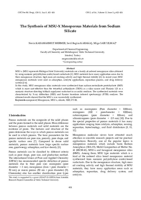 Pdf The Synthesis Of Msu X Mesoporous Materials From Sodium Silicate Nevin Mermer