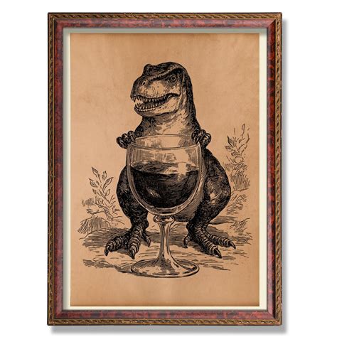 Vintage T Rex In Wine Glass Poster Rustic Dinosaur Art Print Antique