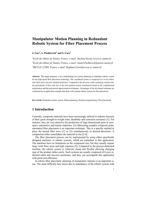Pdf Manipulator Motion Planning In Redundant Robotic System For Fiber Placement Process