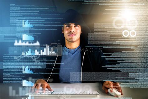 Man Hacker And Malware Hologram With Code And Virus Installation For