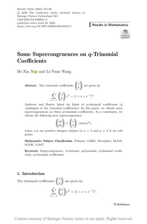 Some Supercongruences On Q Trinomial Coefficients Request Pdf