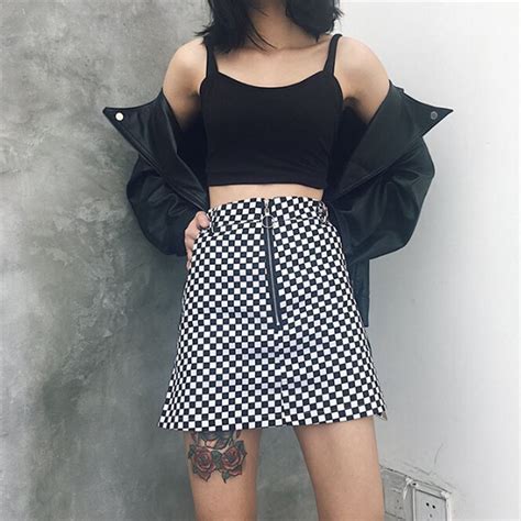 Printed Black And White Plaid Harajuku Mini Skirt On Luulla
