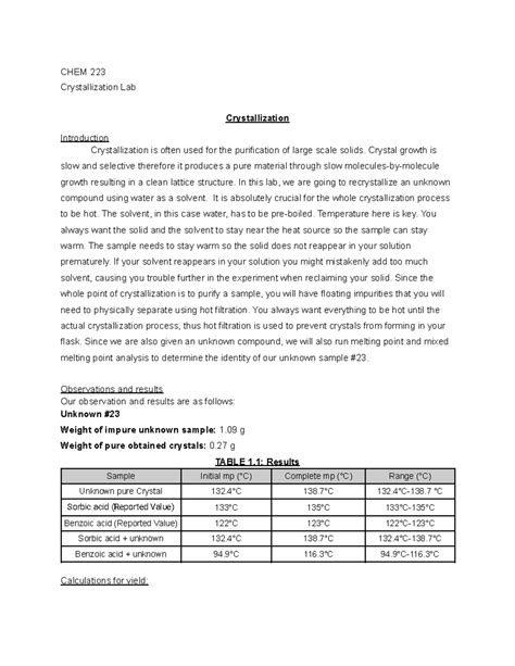 Chem 223 Crystallization Lab Report 2 2 Purification And Analysis
