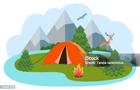 여행 관광 또는 캠핑에 대 한 산악 캠프 위치의 벡터 일러스트 레이 션 0명에 대한 스톡 벡터 아트 및 기타 이미지 0명 개념 개념과 주제 Istock
