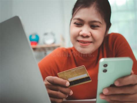 Online Banking Transaction Concept Happy Woman With Credit Card Using
