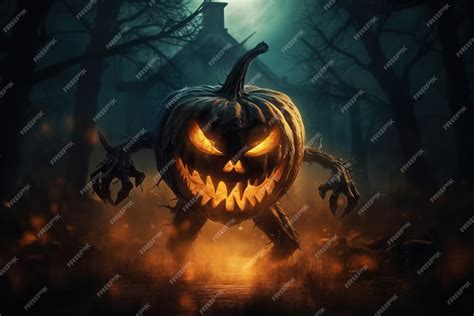 Premium Ai Image Anthropomorphic Pumpkin Angry Jack With Scar Surface Againts The Haunted